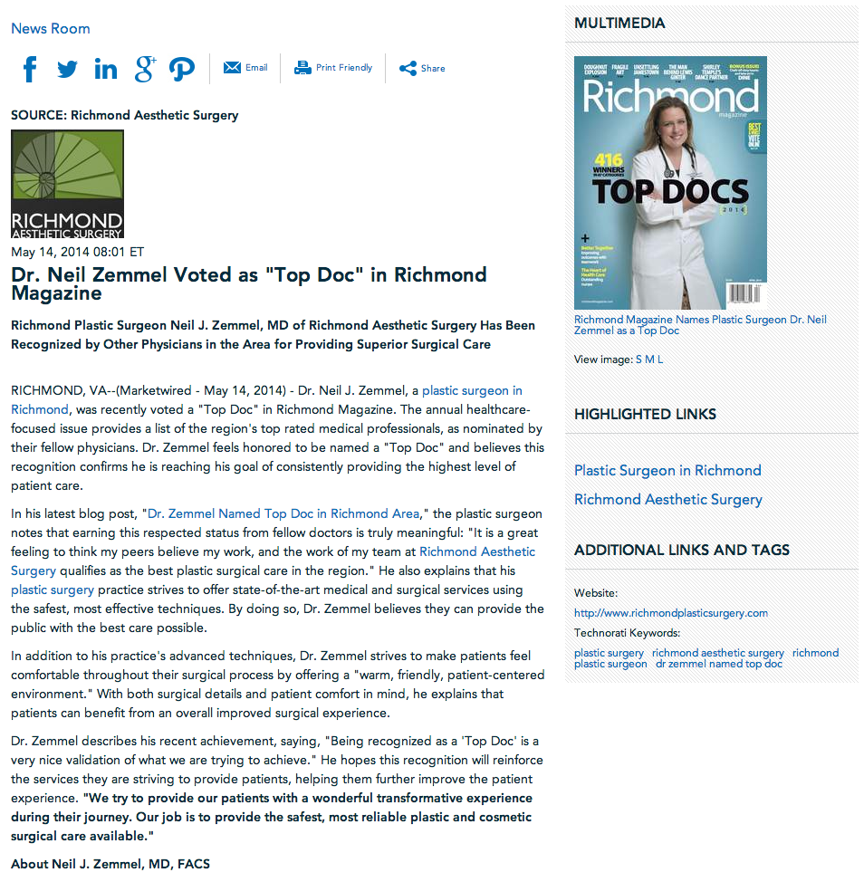 Dr. Neil Zemmel Voted as “Top Doc” in Richmond Magazine