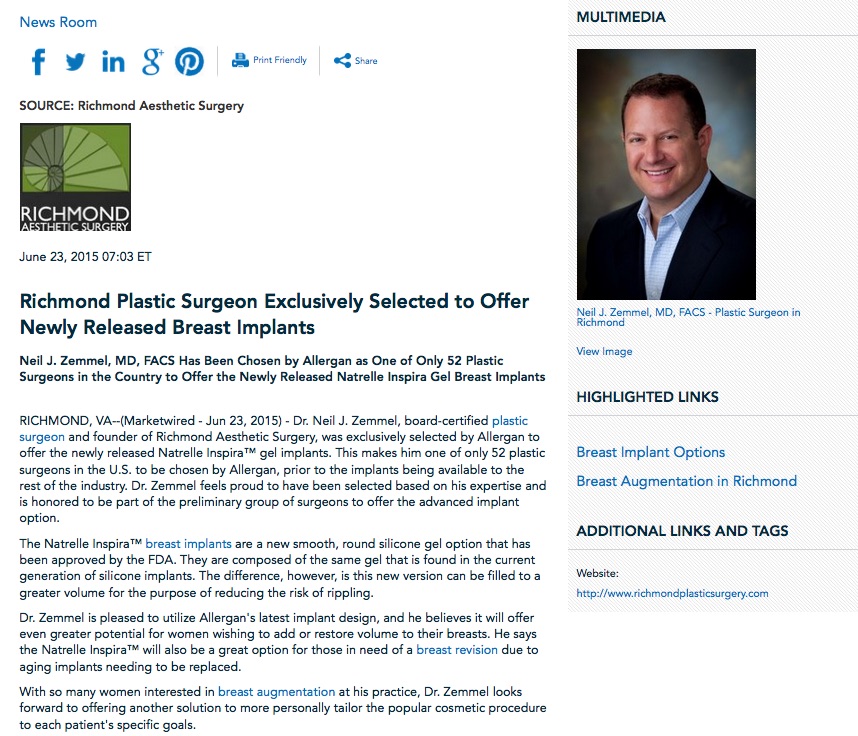 Richmond Plastic Surgeon Exclusively Selected to Offer Newly Released ...
